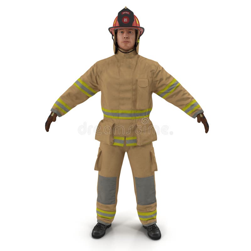 Firefighter in Uniform Standing Pose 3D Illustration Side View on White ...