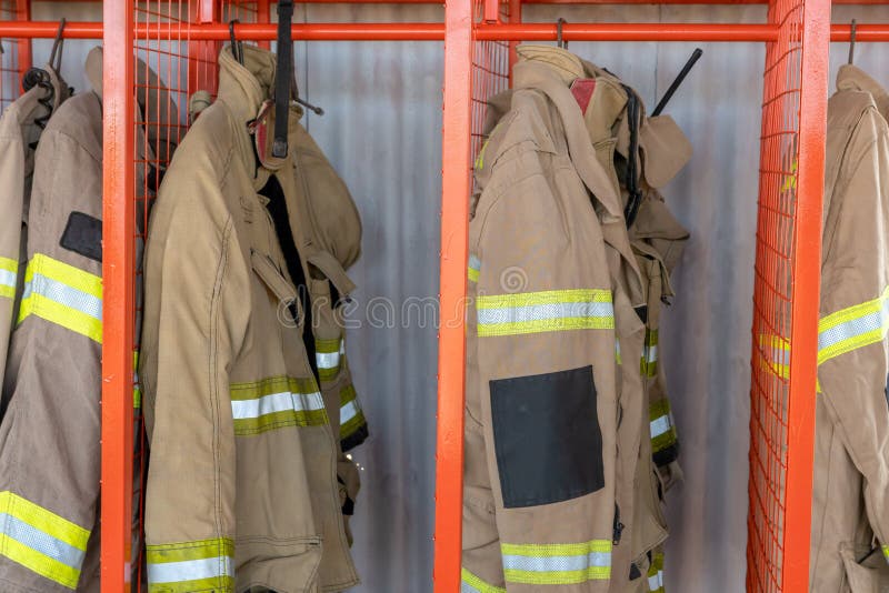 Firefighter Uniforms Arranged at Fire Station Stock Image - Image of ...