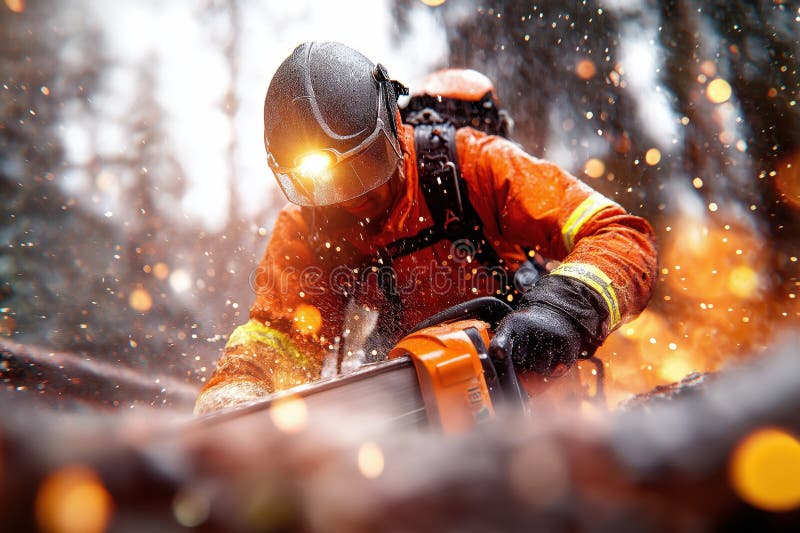 Firefighter Uses Chainsaw To Clear Fallen Trees in Forest during ...