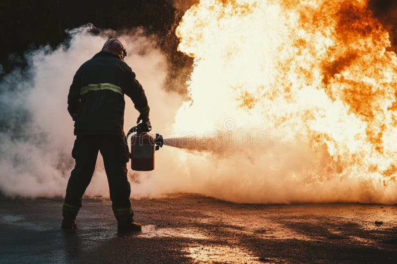 A Firefighter Uses an Extinguisher To Combat a Massive Fire ...