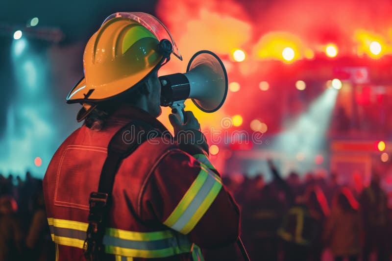 Firefighter Using Megaphone at Night Emergency Stock Image - Image of ...