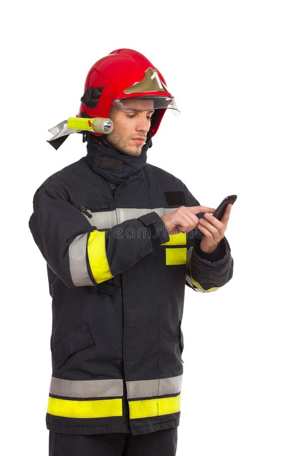 Fireman using phone. stock image. Image of people, cutout - 38622679