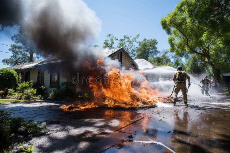Firefighter Using Water Hose To Extinguish House Fire from Behind in ...