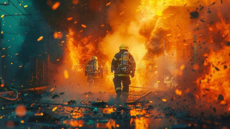 Firefighter with Vibrant Flames and a Team in Action Heroism in the ...