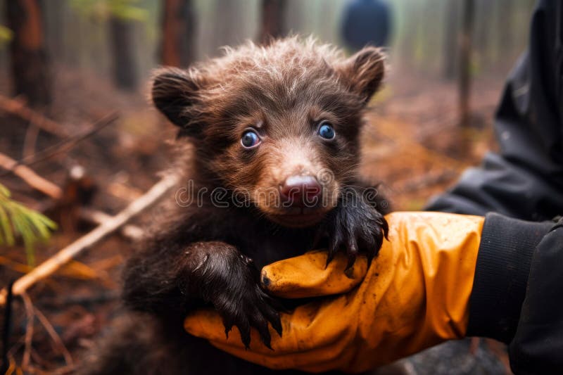A Firefighter or Volunteer in a Protective Suit Holds in His Arms a ...