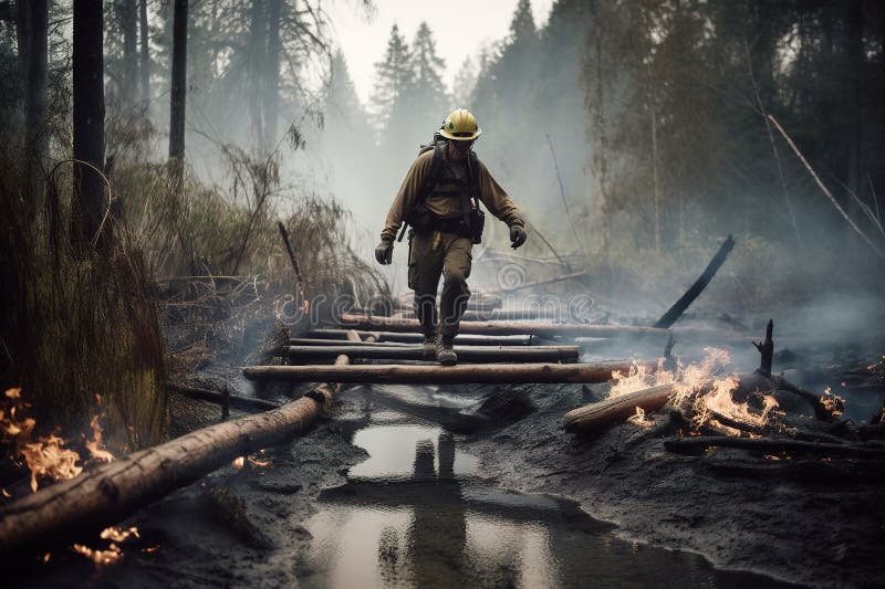 A Firefighter Walking on a Burning Log, Boots Steaming As he Tests the ...