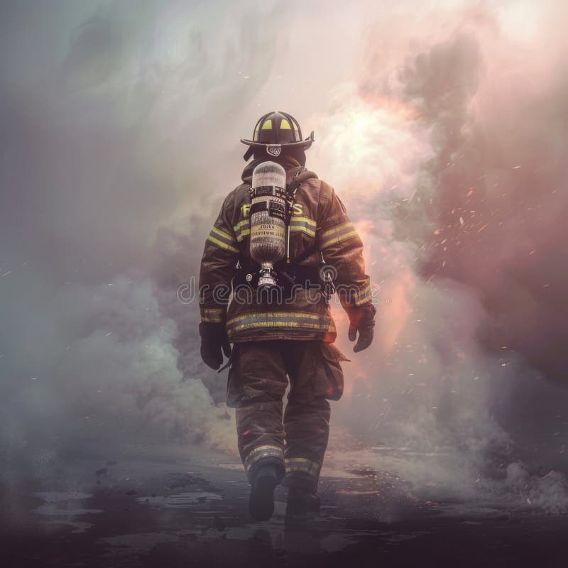 Firefighter Walking into Flames at Night Stock Image - Image of flames ...