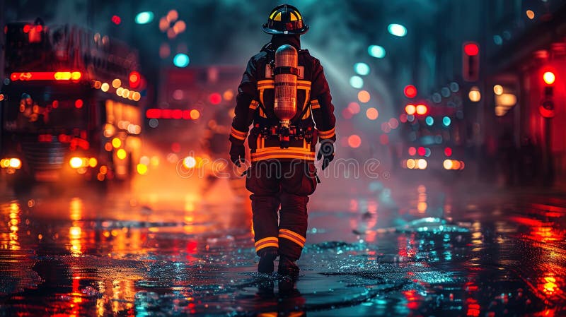 A Firefighter is Walking Down a Street in the Rain Stock Image - Image ...