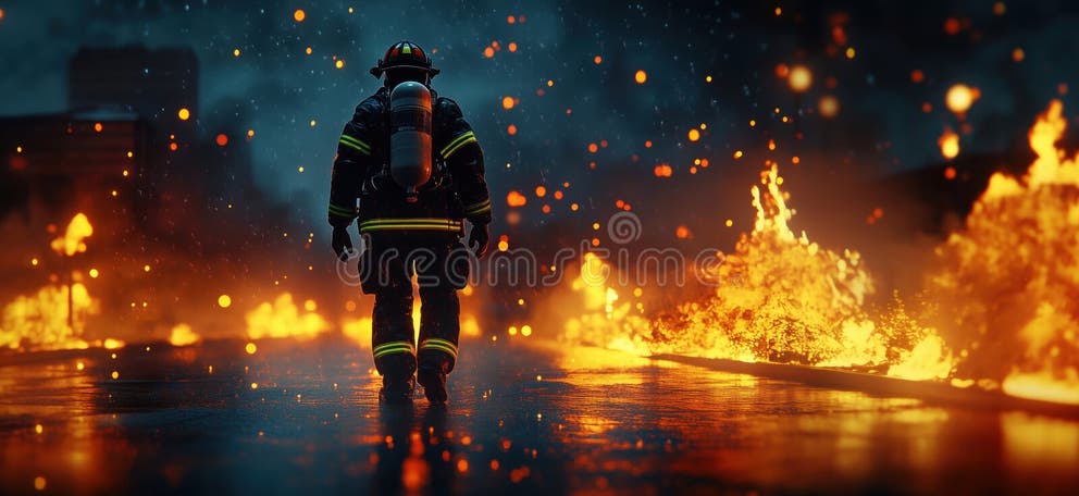 Firefighter Walking through Flames in Dramatic Night Scene with ...