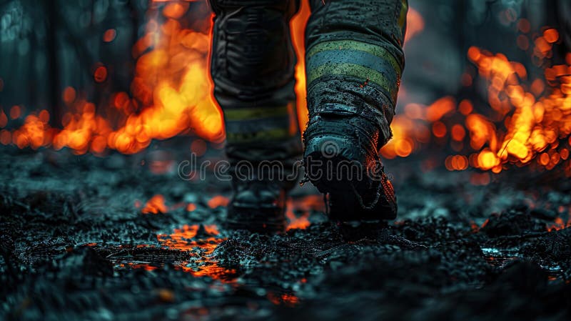 A Firefighter is Walking through a Forest with a Fire Behind Him Stock ...
