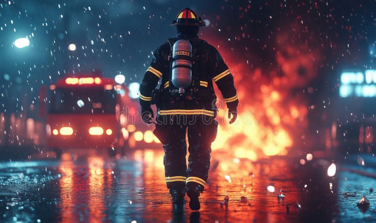 Firefighter Walking Towards Blazing Fire Scene in Dramatic Night ...