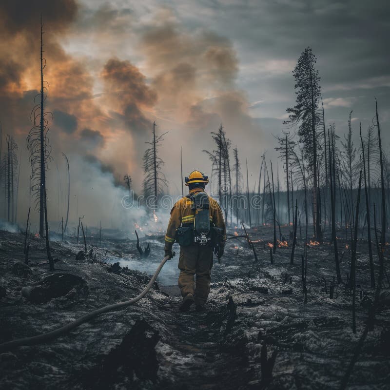 Firefighter Walking through Wildfire Aftermath Stock Illustration ...