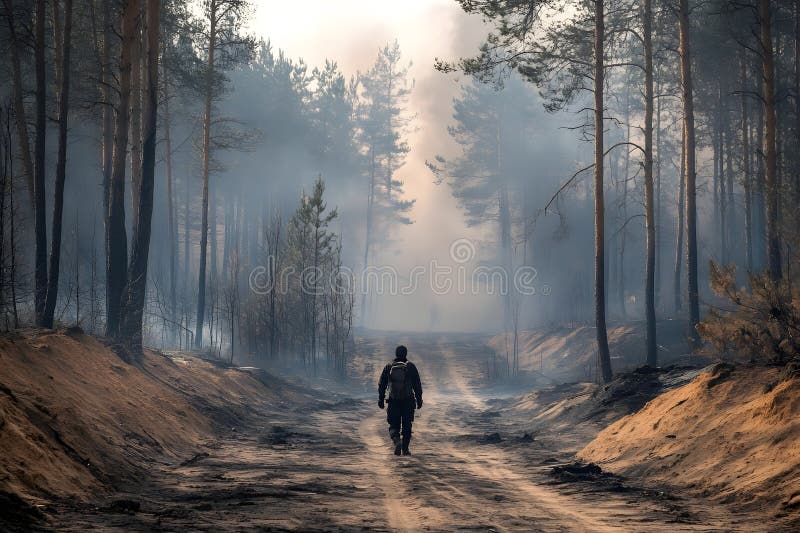 A Firefighter Walks Down a Dusty Path Surrounded by Smoke in a Burned ...