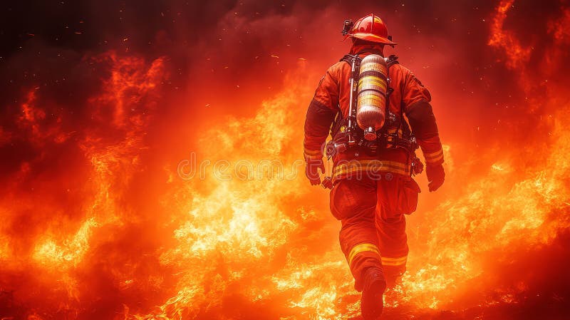 Firefighter Walks through Flames in Dramatic Fire Scene, Showcasing ...