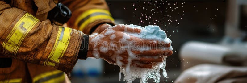 Firefighter Washing Hands stock photo. Image of hygiene - 372082004