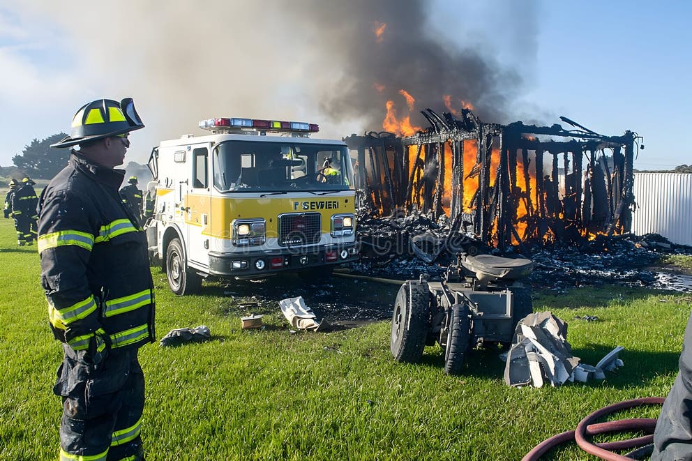 Firefighter Watching Building Burn, Controlled Burn, Training Exercise ...