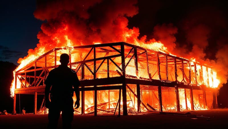 Firefighter Watching Burning Building at Night Stock Illustration ...