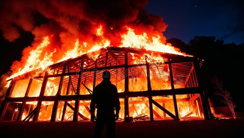 Firefighter Watching Burning Building at Night Stock Illustration ...