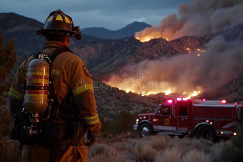 Firefighter Watching Wildfire Blaze in Mountains during Dramatic Sunset ...