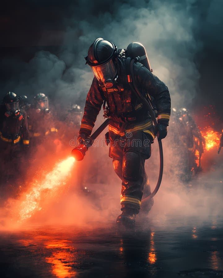 Firefighter Using Fire Hose Fighting Fire in Burning Building with Team ...