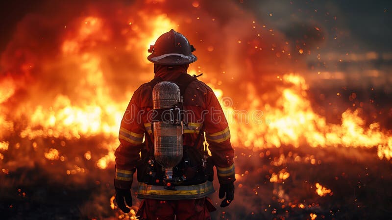 Firefighter Standing in Front of Blaze during Nighttime Operation Stock ...