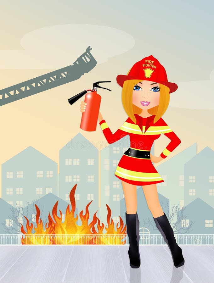 Firefighter Woman with Extinguisher Stock Illustration - Illustration ...