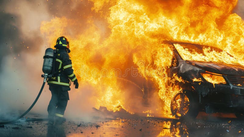 Firefighter at Work, Fireman Using Water and Extinguisher To Fighting ...