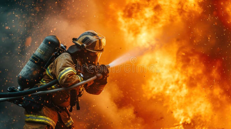 Firefighter at Work, Fireman Using Water and Extinguisher To Fighting ...