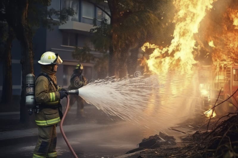 Firefighter at Work with a Foam Hose Extinguishes on Fire on Home, in ...