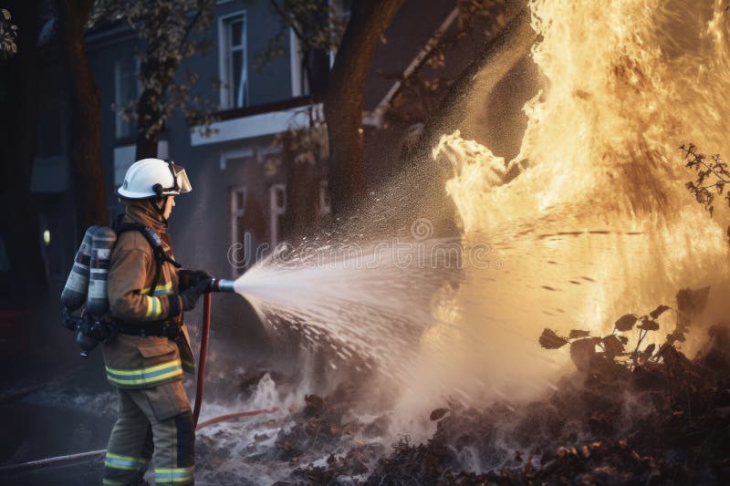 Firefighter at Work with a Foam Hose Extinguishes on Fire on Home, in ...