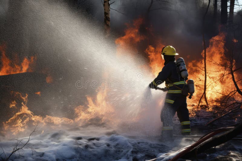Firefighter at Work with a Foam Hose Extinguishes on Fire on Home, in ...
