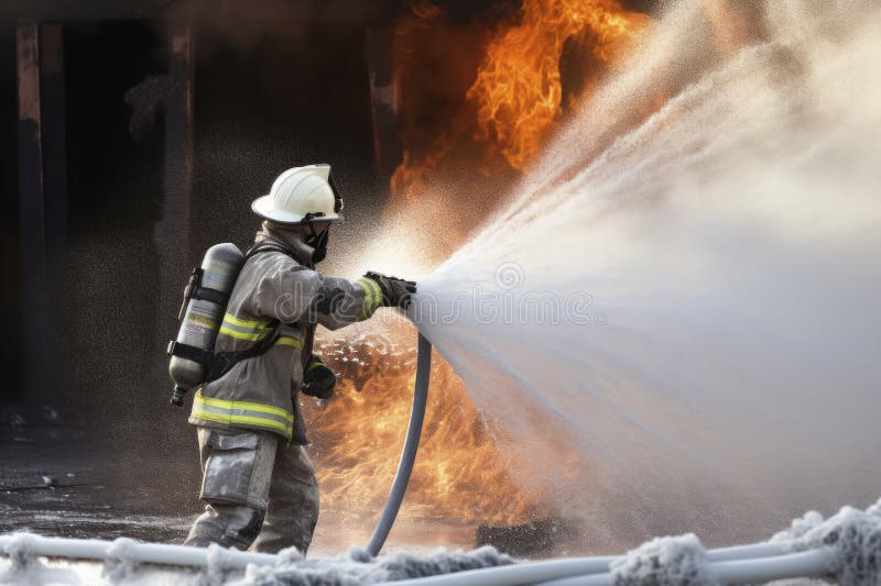 Firefighter at Work with a Foam Hose Extinguishes on Fire on Home, in ...