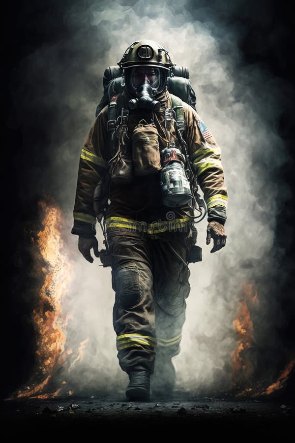 Firefighter Works on Fire, Fireman Walks Inside Burning Building ... Firefighter Works on Fire, Fireman Walks Inside Burning Building ...