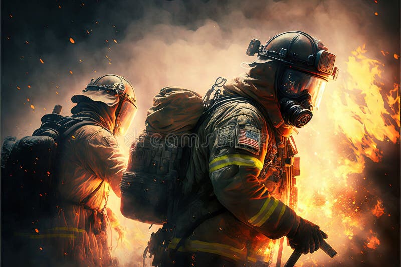 Firefighters in Action, Big Flames. Generative Ai Stock Illustration ...