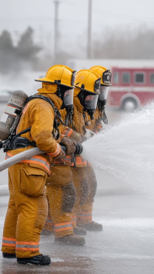 Firefighters in Action: Diverse Team Performing Water Spray Drill Stock ...