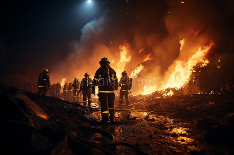 Firefighters in Action, Facing Towering Flames Stock Illustration ...