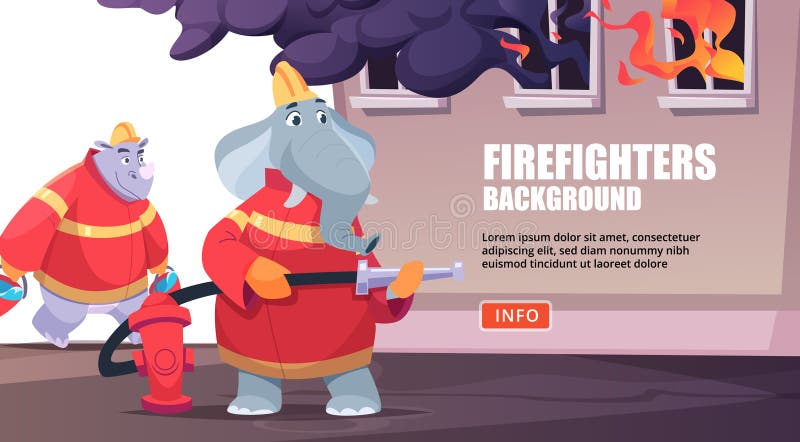 Firefighters Animals. Elephant and Rhinoceros Putting Out Fire Stock ...