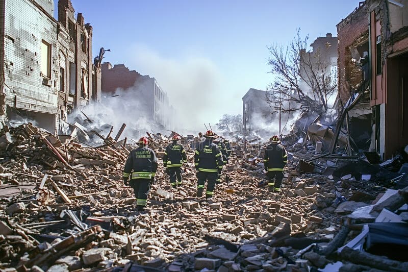 Firefighters Assessing Damage after Devastating Urban Explosion Stock ...