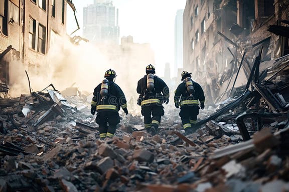 Firefighters Assessing Damage after Devastating Urban Fire Stock Photo ...