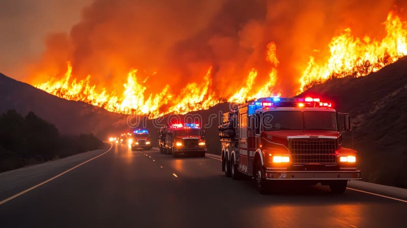 Firefighters Battle Wildfire on Highway Fire Trucks Rush Towards a ...