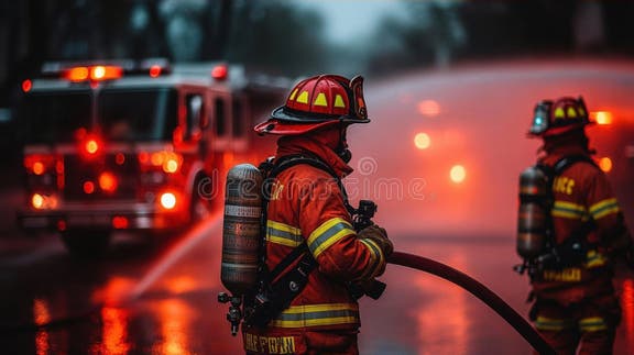 Firefighters Battling Blaze at Night in Urban Setting Stock Photo ...