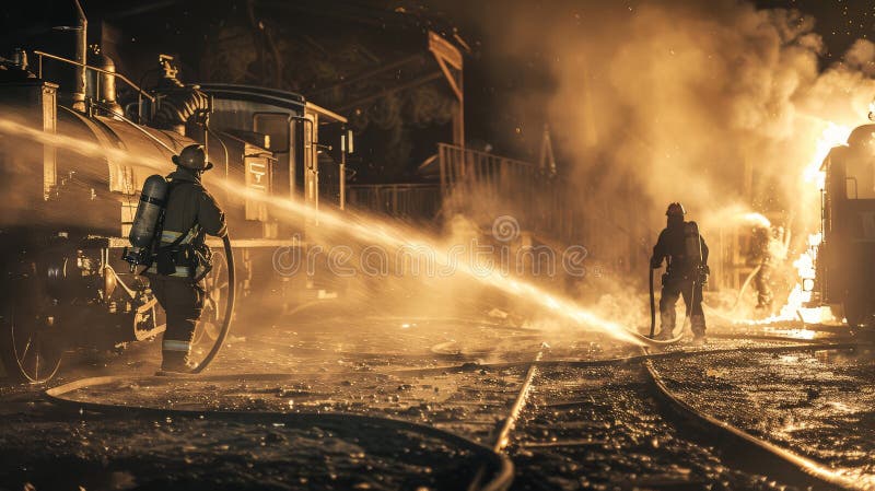 Firefighters Battling a Blaze on a Train Stock Illustration ...