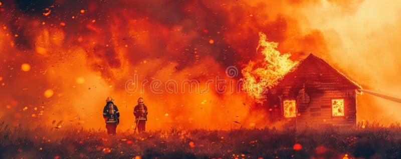 Firefighters Battling House Fire - Dramatic Emergency Scene Stock ...