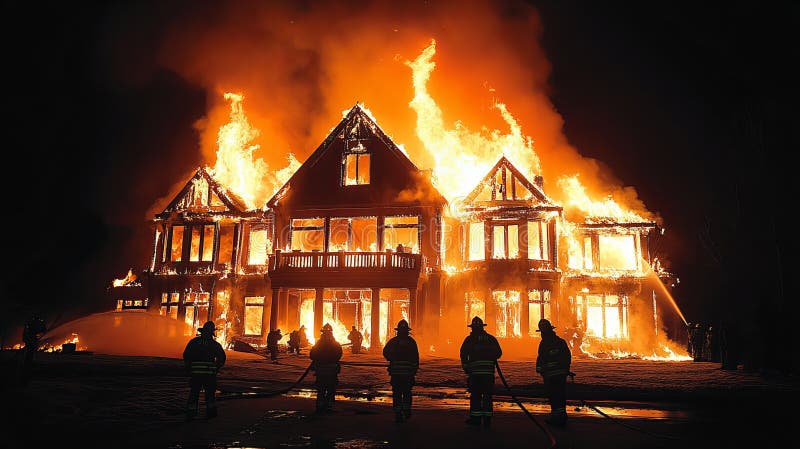 Firefighters Battling Intense Nighttime House Fire Blaze Stock ...