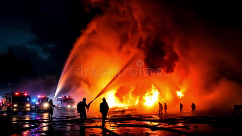 Firefighters Battling a Raging Inferno at Night. Stock Video - Video of ...