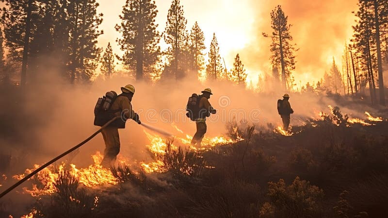 Firefighters Battling Wildfire in Burning Forest at Sunset Stock Image ...