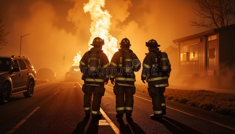 Firefighters Bravely Tackling Flames in Emergency Scene, Teamwork Stock ...