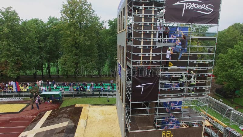 Firefighters Climb by Tower during Competition in Stock Video - Video ...