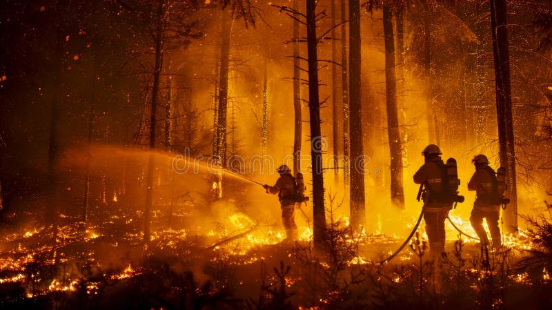 Brave Firefighters Battle a Massive Forest Fire in the Night. the Image ...
