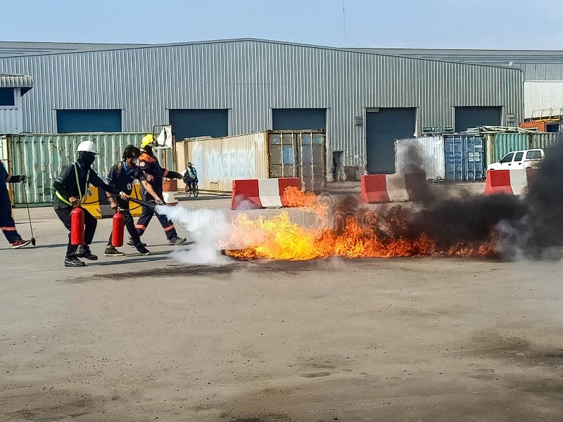 Firefighters Come To Teach and Practice Fire Fighting Stock Image ...